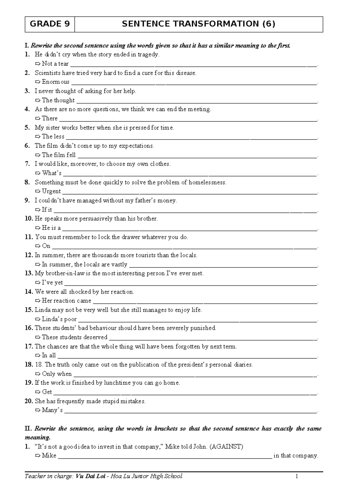 GRADE 9 SENTENCE TRANSFORMATION (6) - Practice Exercises and Solutions ...