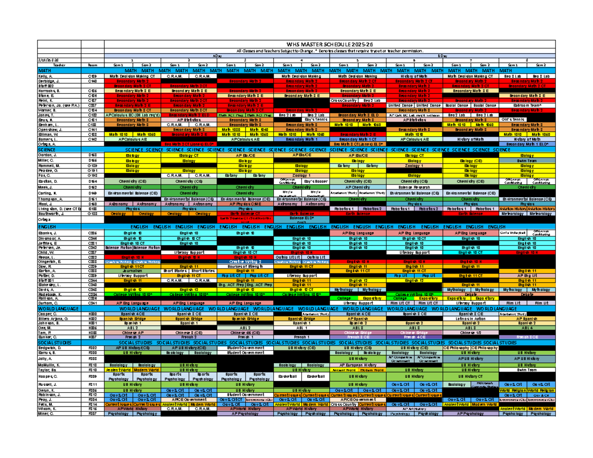 Master Schedule 2025-2026: All Classes & Teachers Overview - Studocu