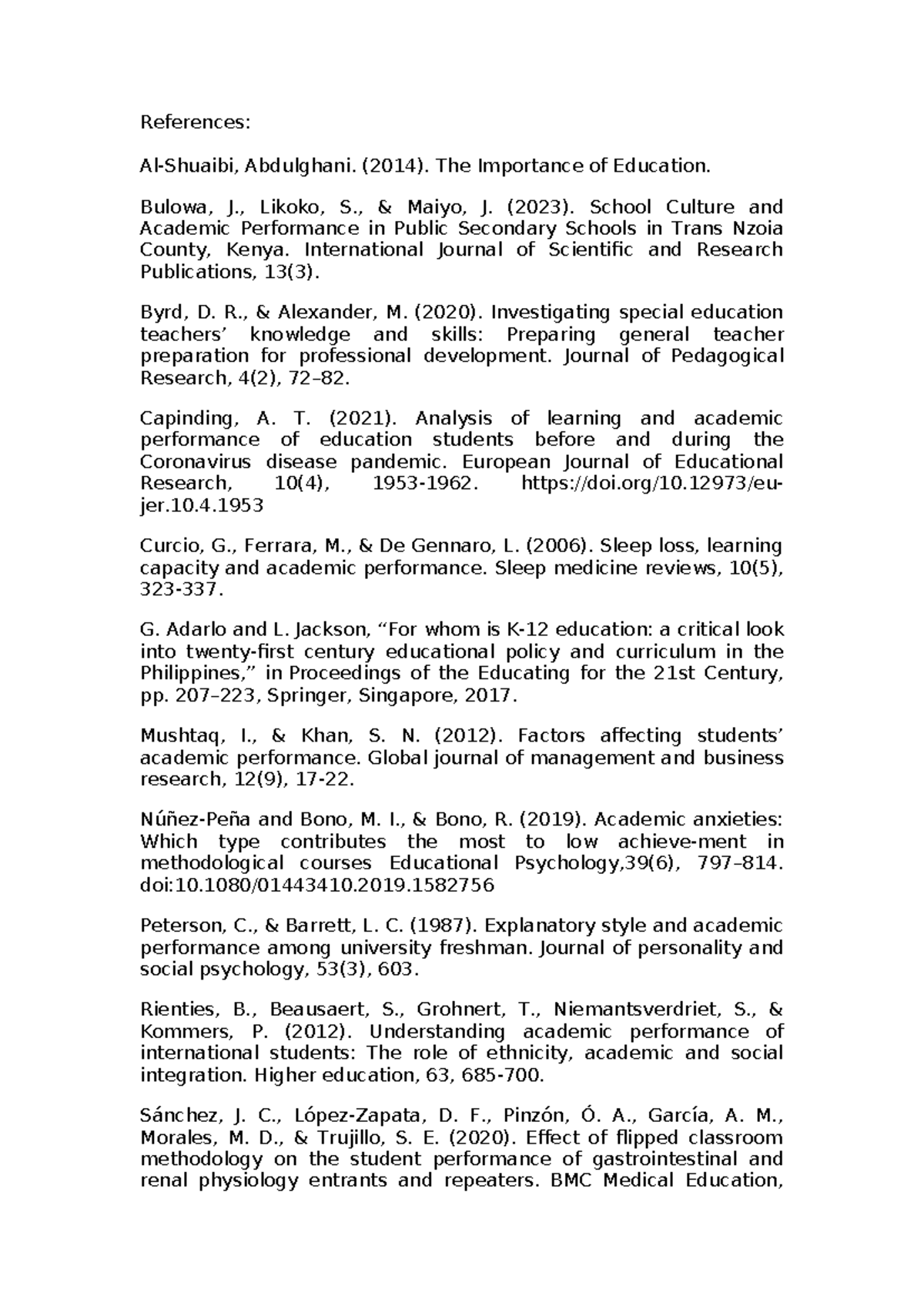 References on Education and Academic Performance Studies - Studocu