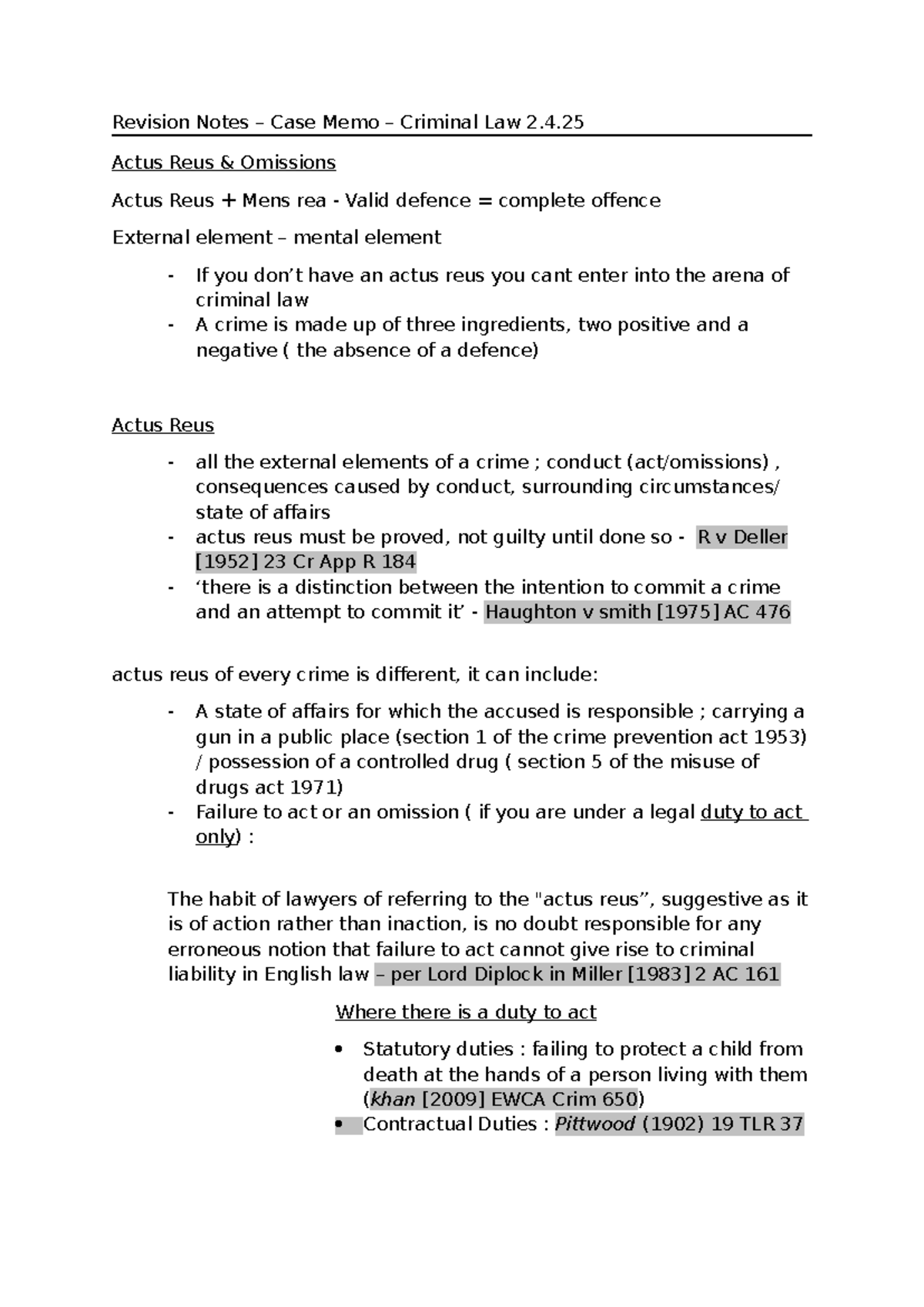 Criminal Law 2.4.25 Revision Notes: Actus Reus & Mens Rea - Studocu