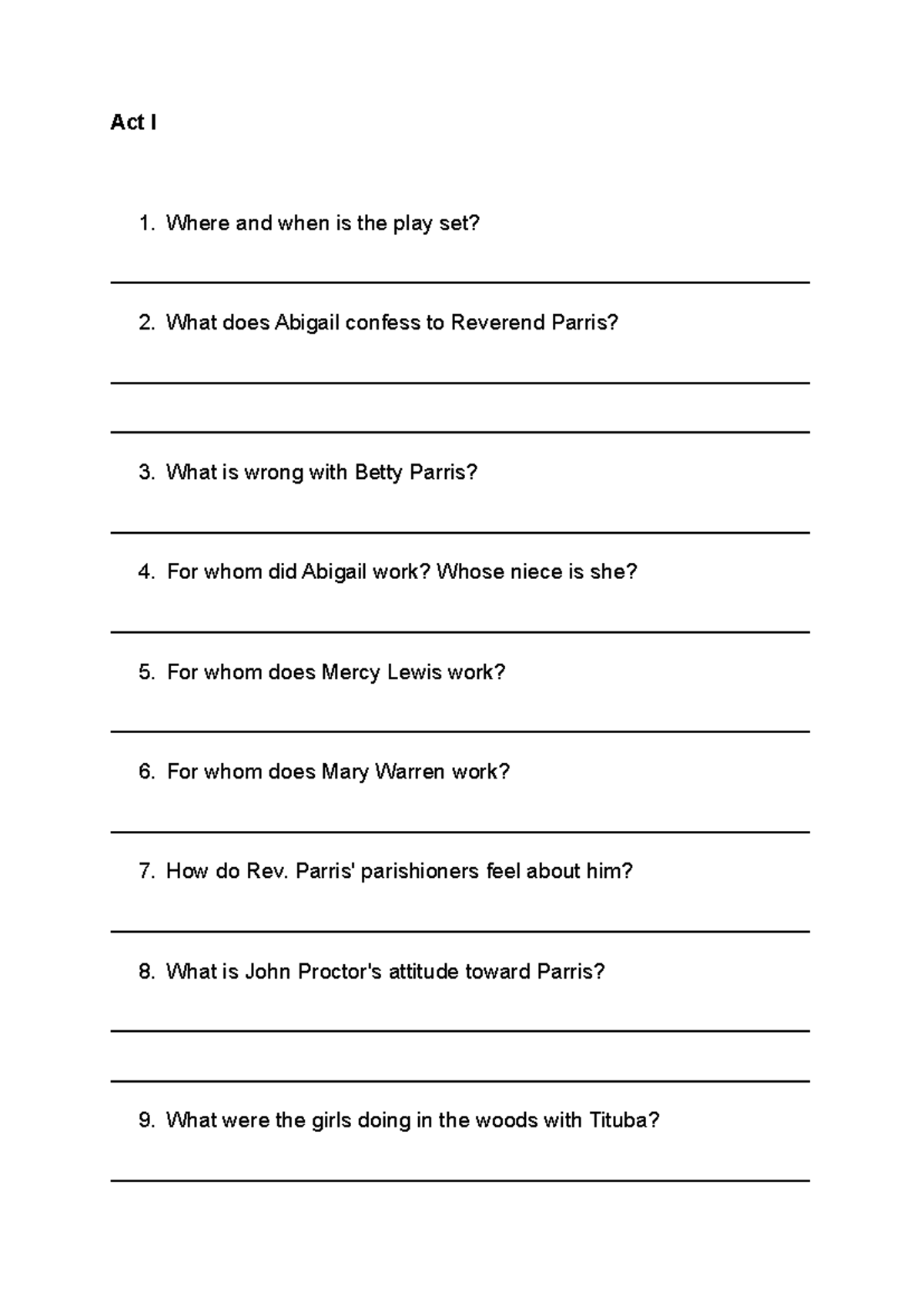 ENG 101: Act 1 - Student Questions on The Crucible - Studocu