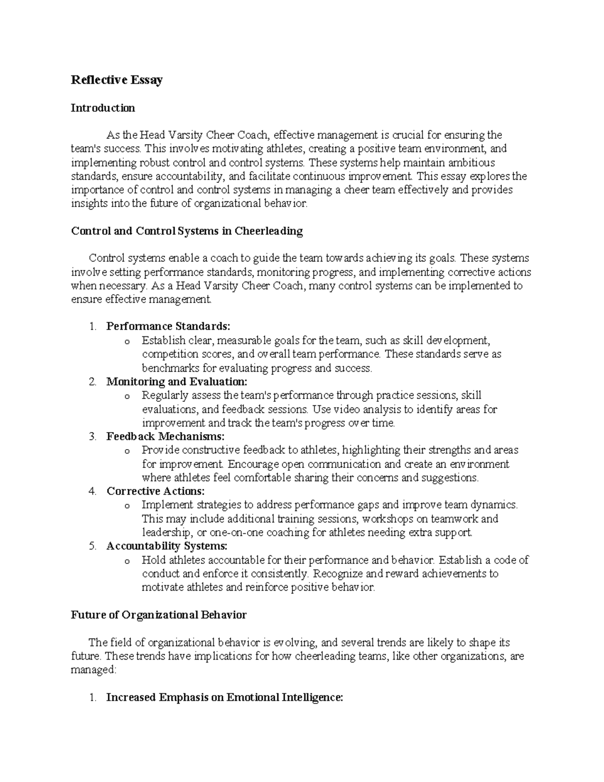 Reflective Essay - Reflective Essay Introduction As the Head Varsity ...