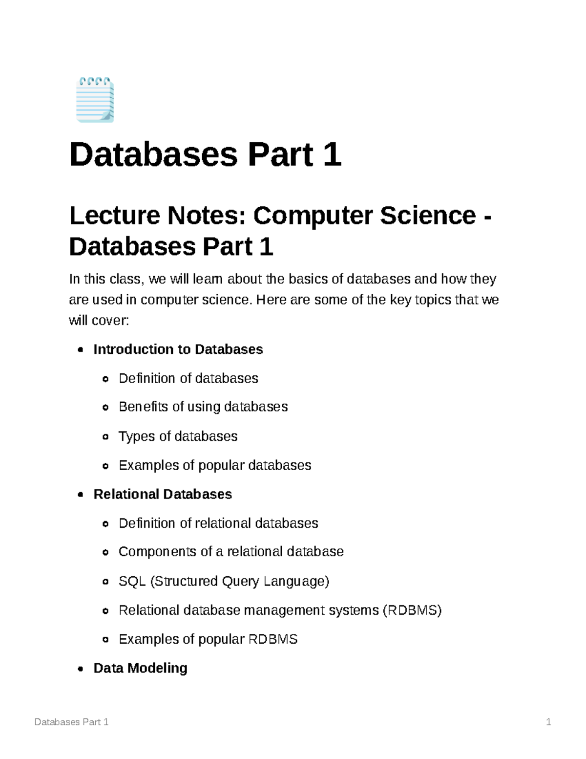 Databases Part 1 Lecturer Mr Kim F Databases Part 1 Lecture Notes Computer Science