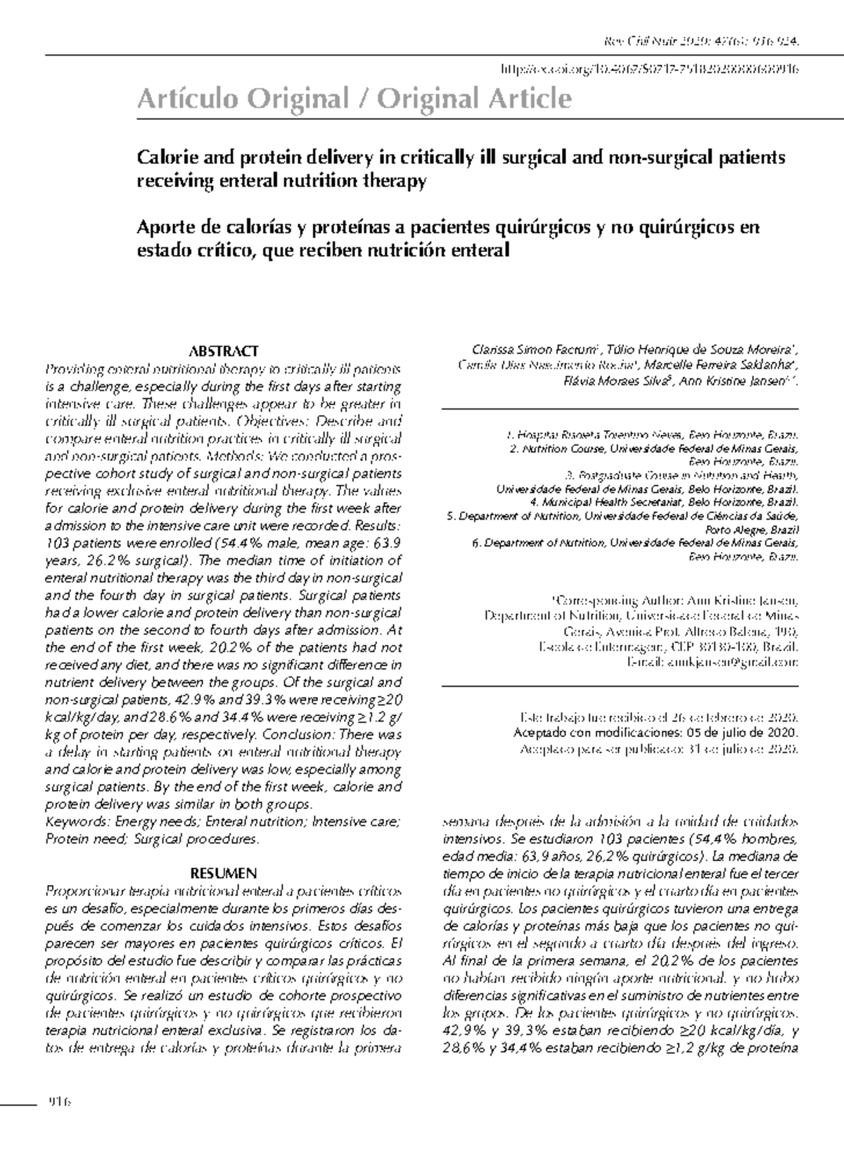 Caloric and Protein Delivery in Critically Ill Surgical Patients: A ...