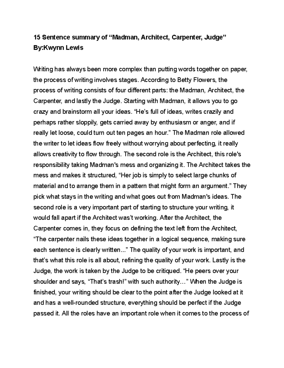 15-Sentence Summary of the Writing Process: Madman to Judge - Studocu