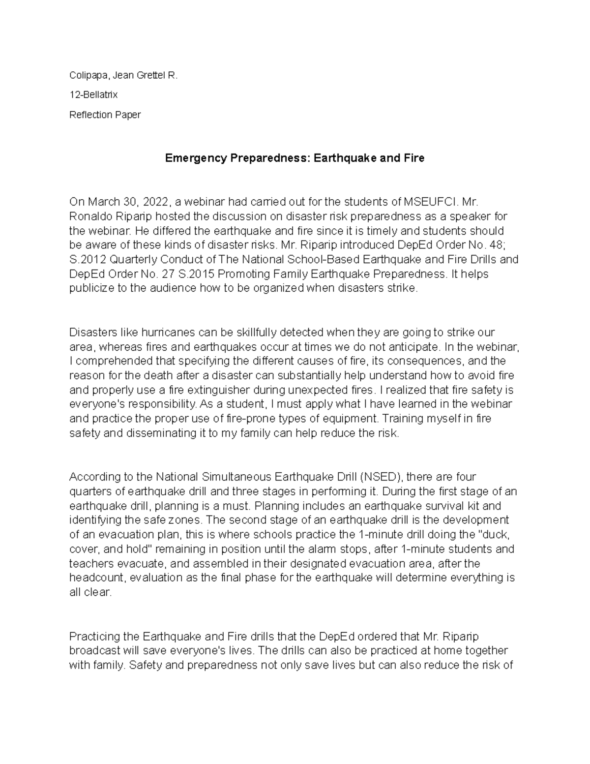 MSEUFCI Reflective Paper on Disaster Preparedness: Earthquake & Fire ...