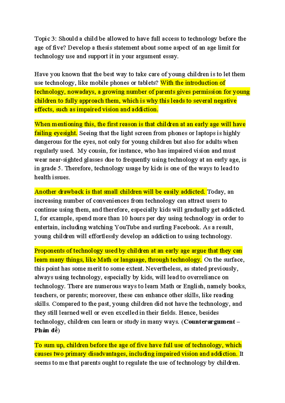 Topic 3: Age Limit for Children's Technology Use - Argument Essay Notes ...