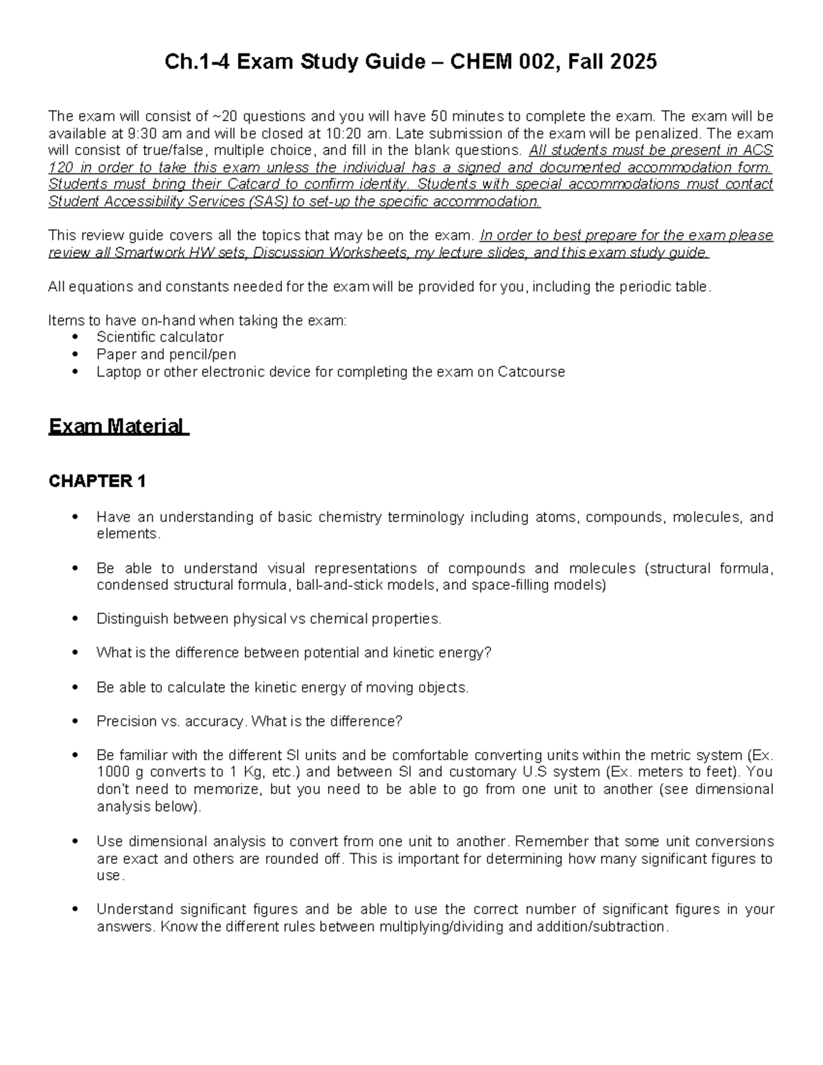 Ch. 1-4 Exam Study Guide for CHEM 002, Fall 2025 - Studocu