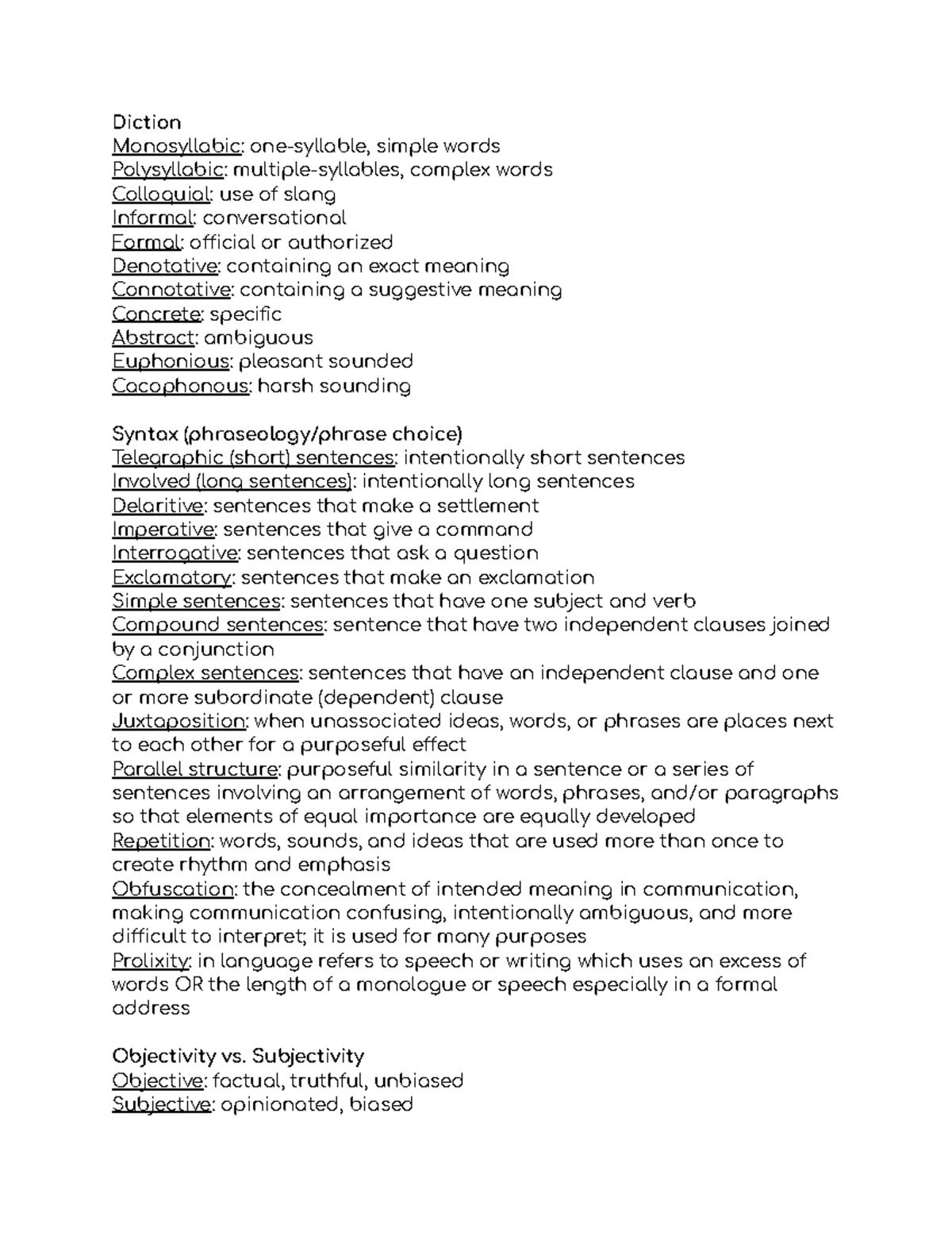 Diction and Syntax Techniques for Rhetoric Analysis - Studocu