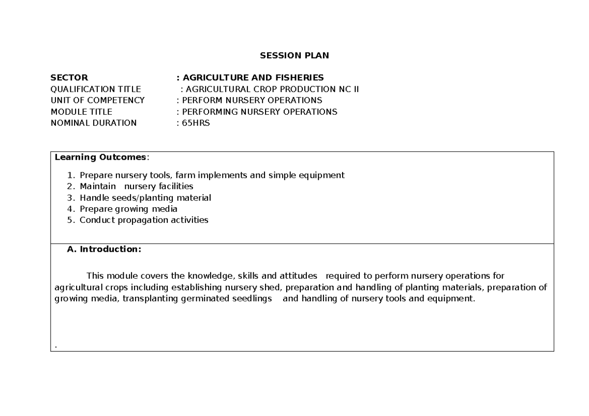 ACP Session PLAN 1: Lesson Plan for Agricultural Crop Production NCII ...
