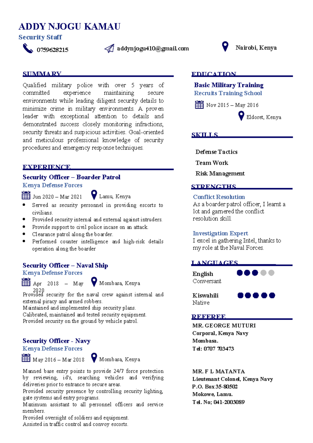 Professional CV of Security Officer - ADDY NJOGU KAMAU - Studocu