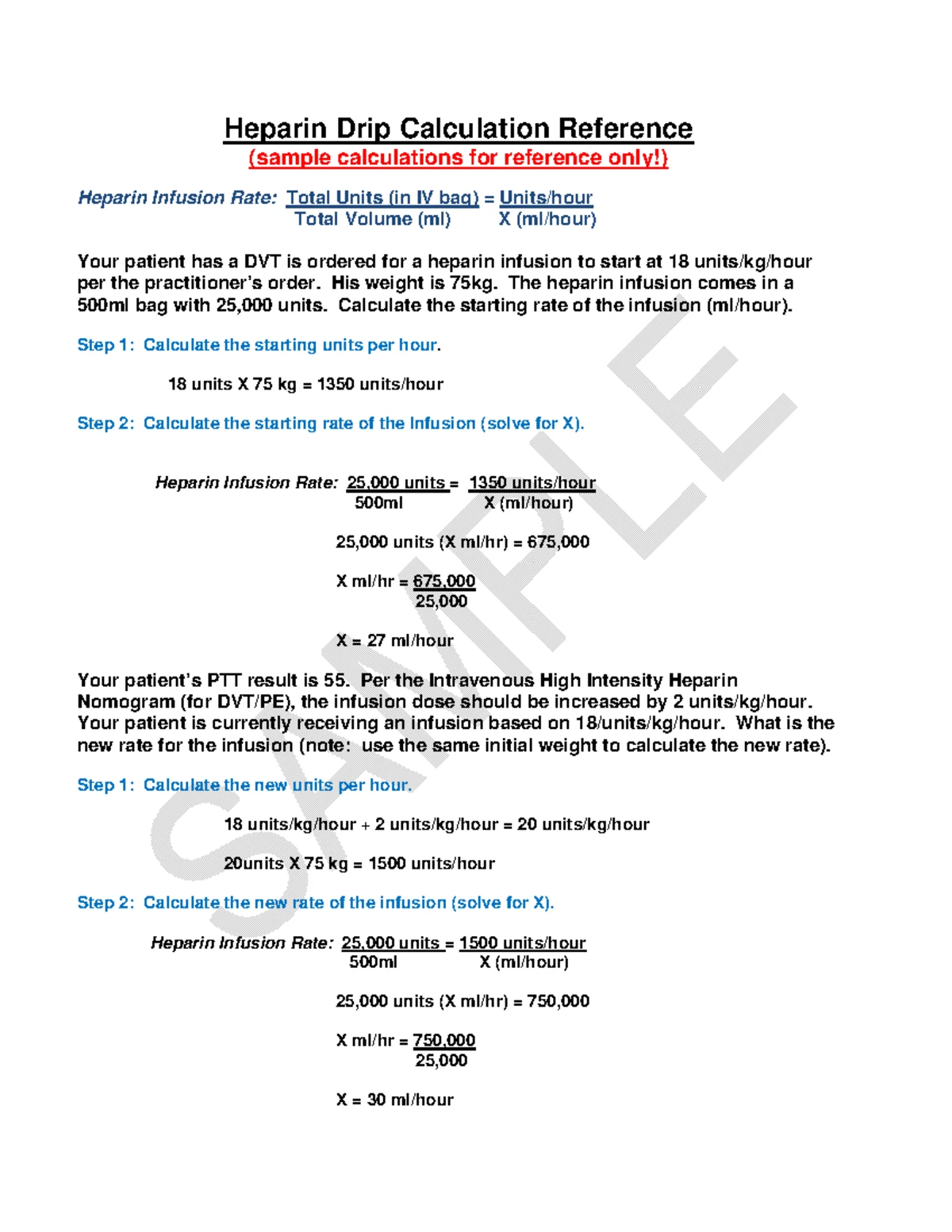 Heparin drip calculation reference - Heparin Drip Calculation Reference ...