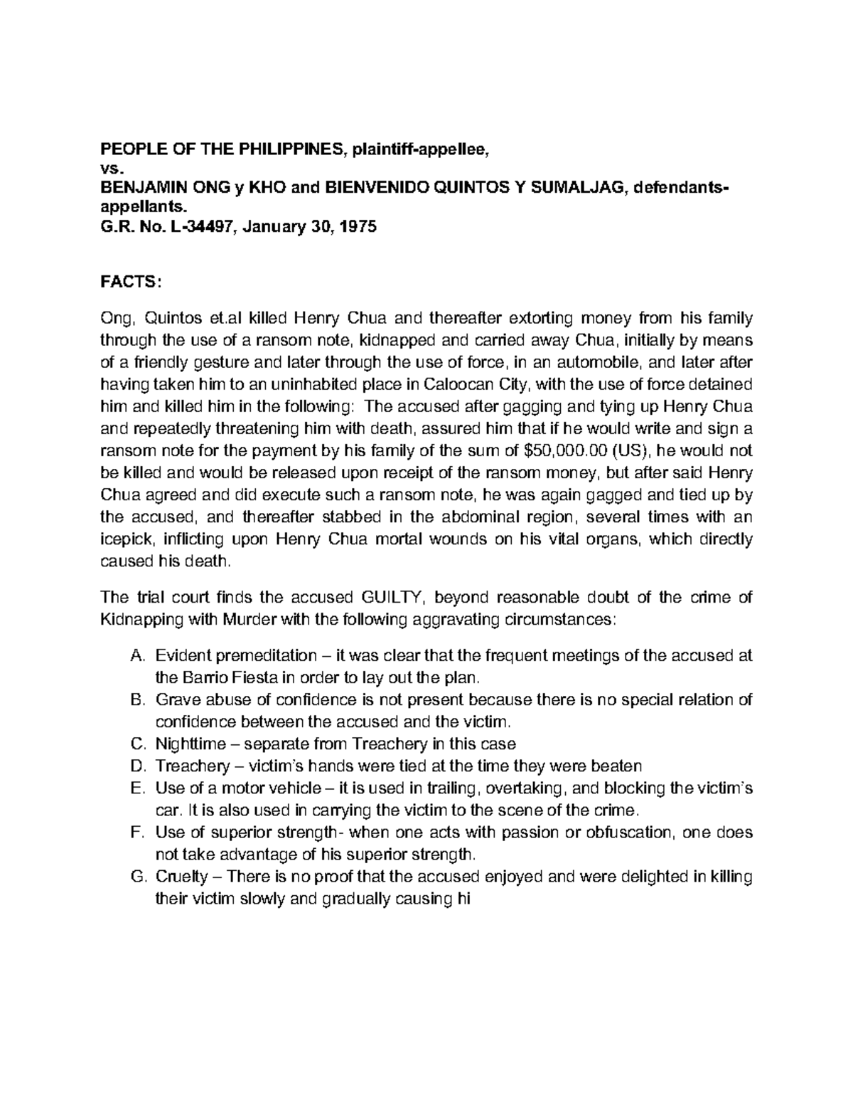 People of the Philippines vs. Ong & Quintos: Kidnapping with Murder ...