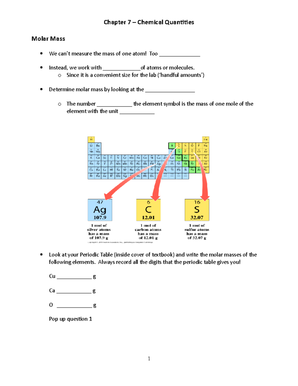 guided notes for chem 095 - Chapter 7 – Chemical Quantities Molar Mass ...