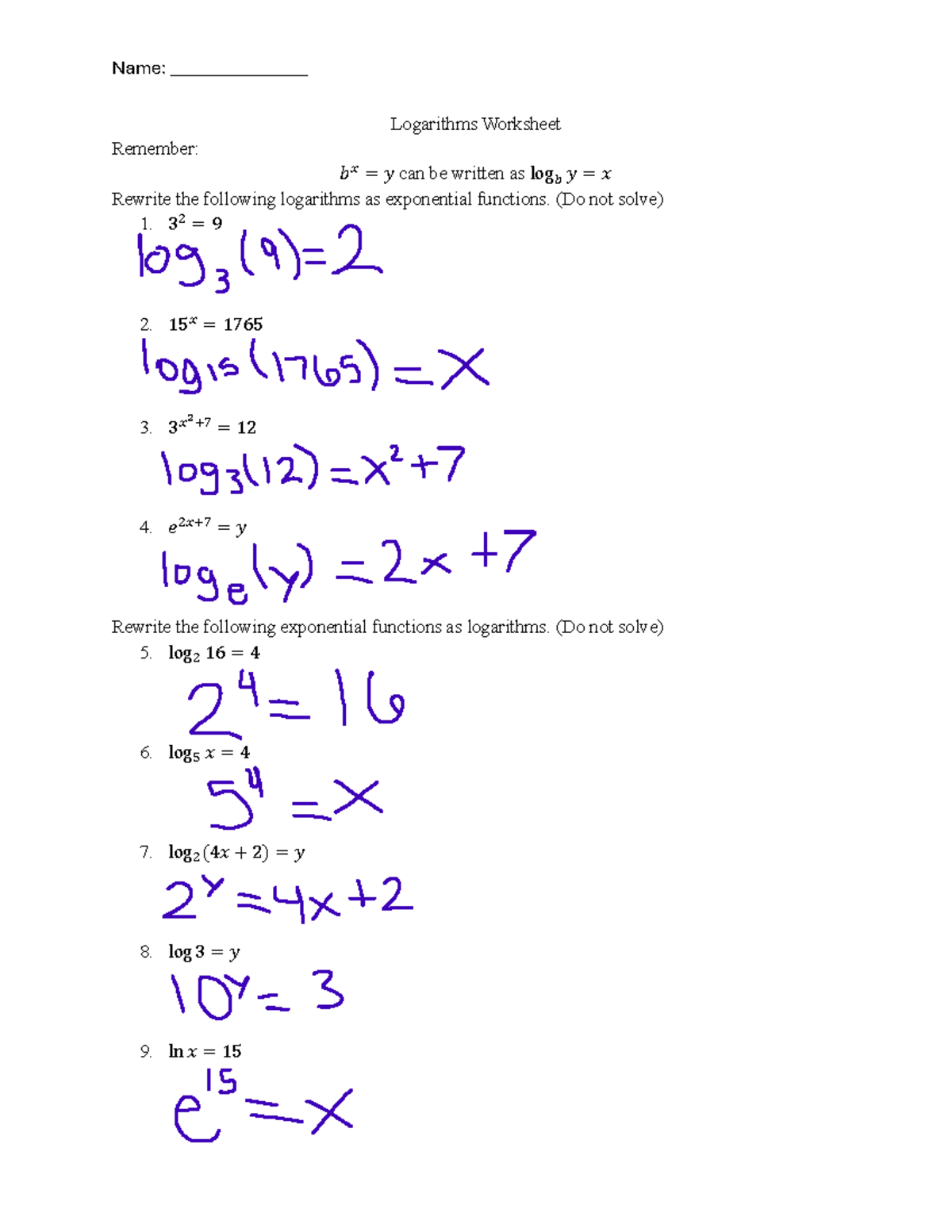 Logarithms and Exponential Functions Worksheet - Studocu