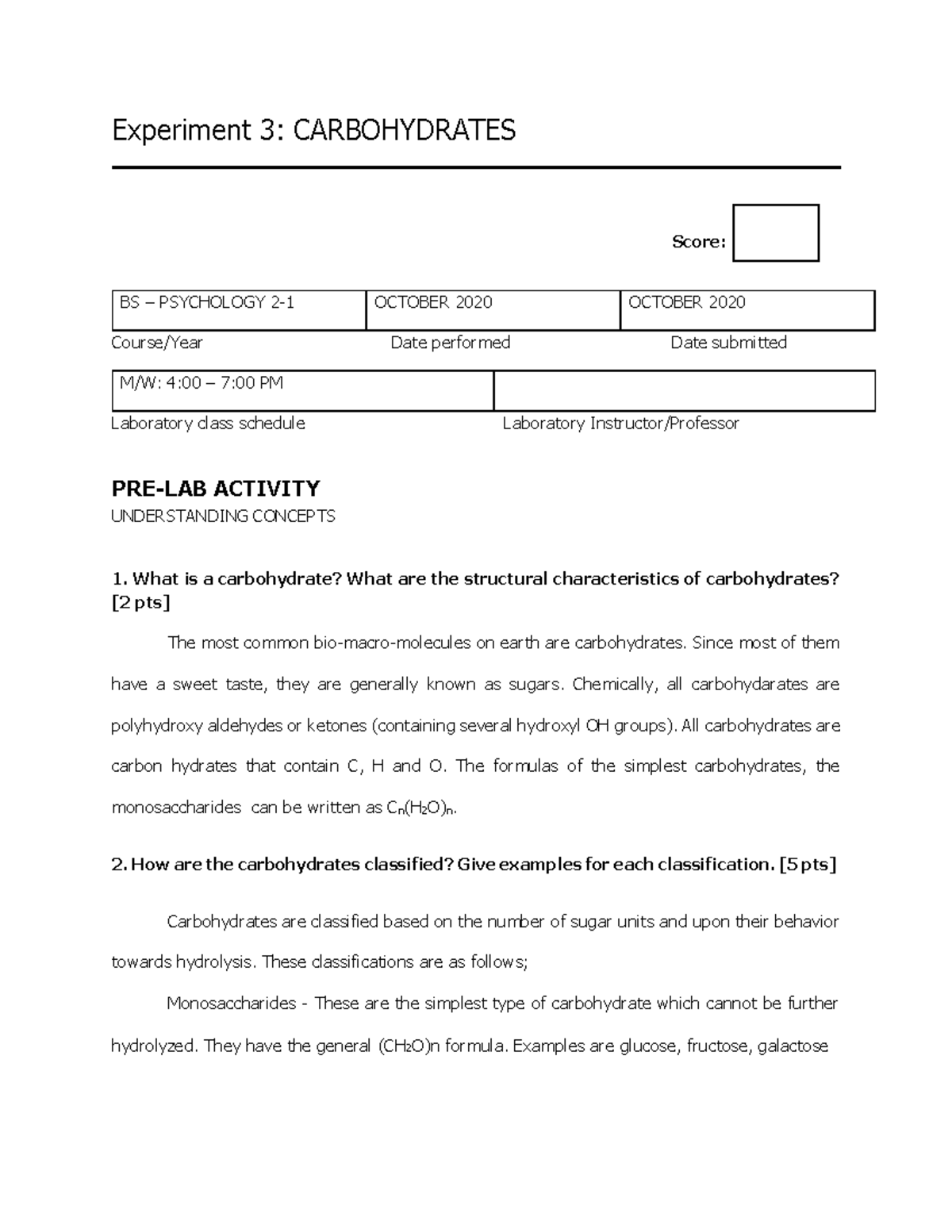 Carbohydrates Pre-Lab Activity (Individual) - Experiment 3 ...