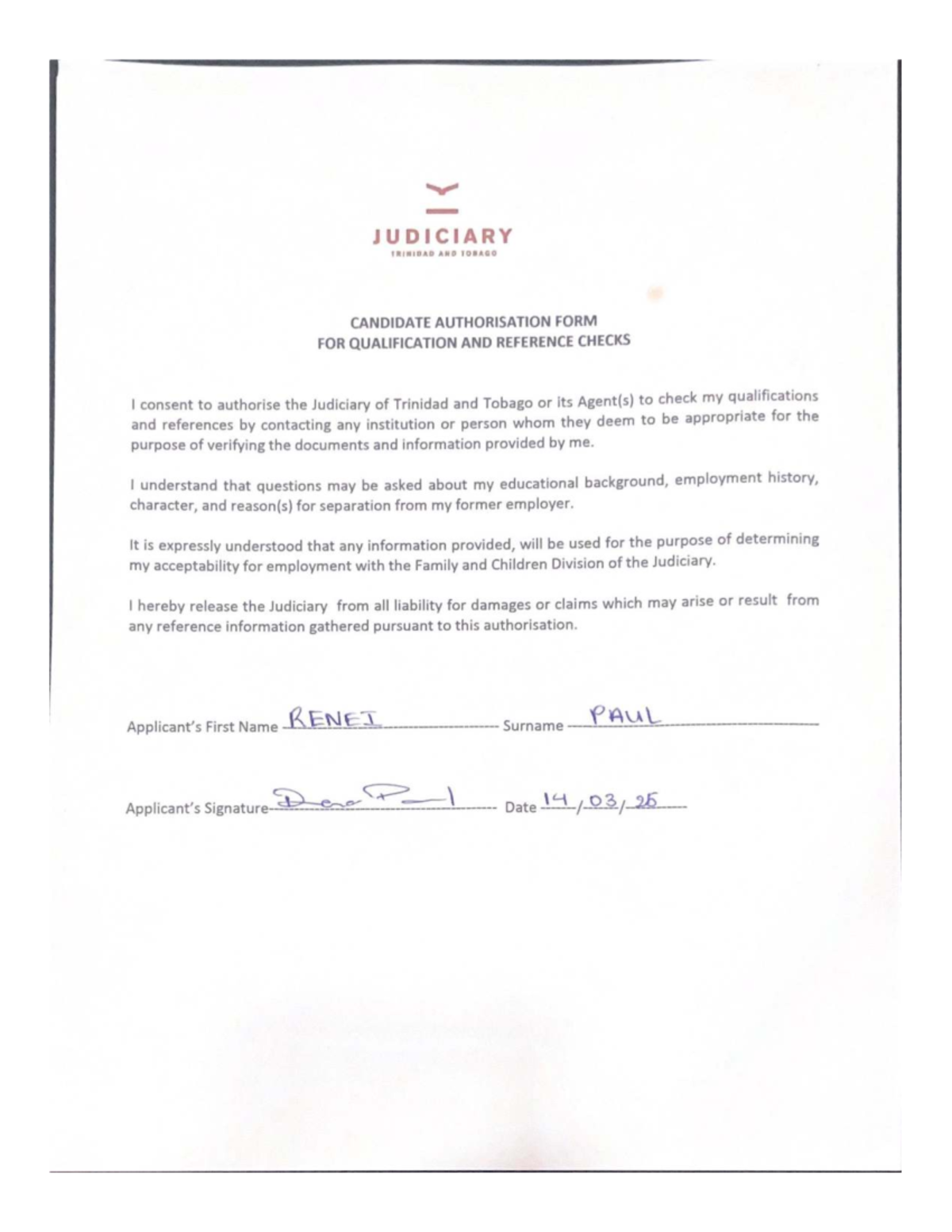 Judiciary 2 - Candidate Authorisation Form for Employment - Studocu