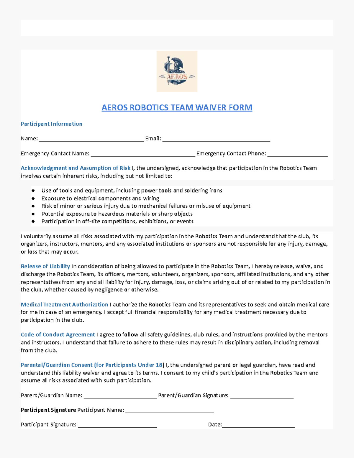 AEROS Robotics Team Waiver Form: Participant Acknowledgment & Liability ...