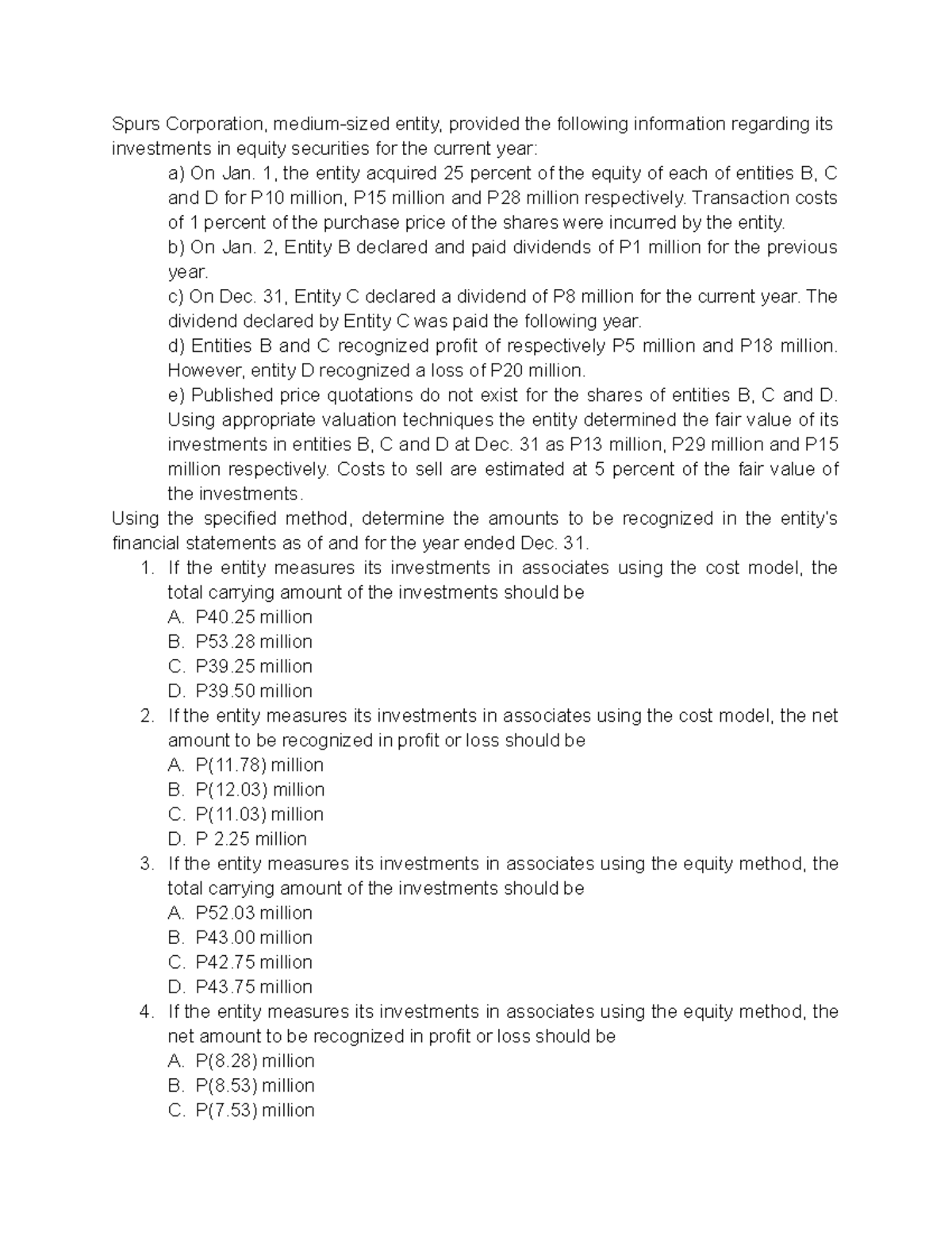 SMEs Problem Set: Investments in Associates and Valuation Methods - Studocu