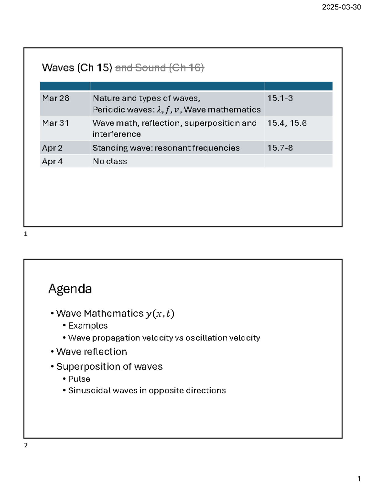 Wave Mathematics and Interference Concepts (Ch 15 & 16) - Mar 2025 ...