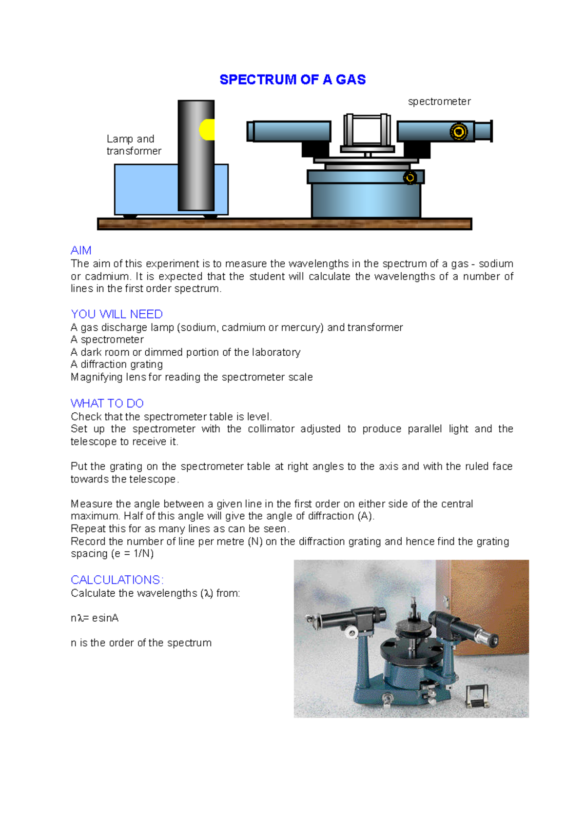 Unit 4 - Finding wavelength with a spectrometer OPTIONAL - SPECTRUM OF ...