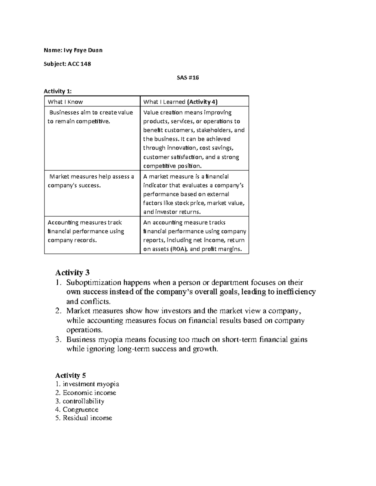 Duan ACC148 SAS#16 - ... - Name: Ivy Faye Duan Subject: ACC 1 48 SAS # 16 Activity 1: What I ...