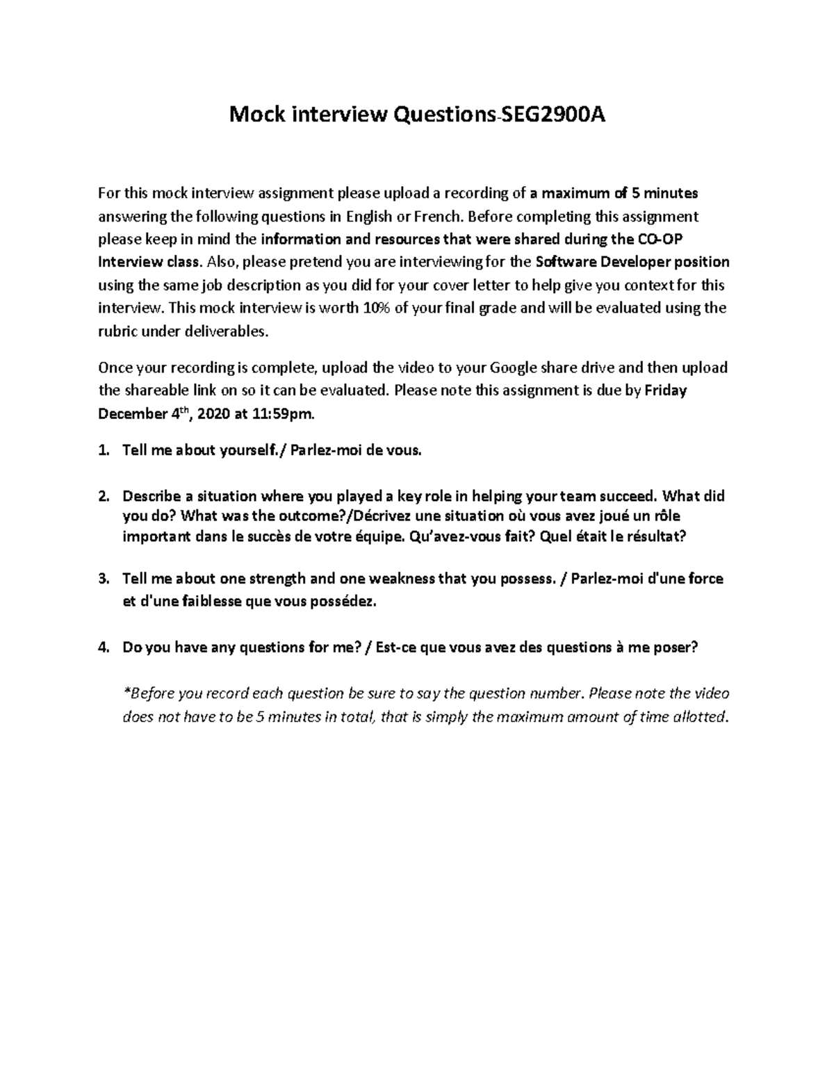 Mock Interview - Instructions - Mock interview Questions-SEG2900A For ...