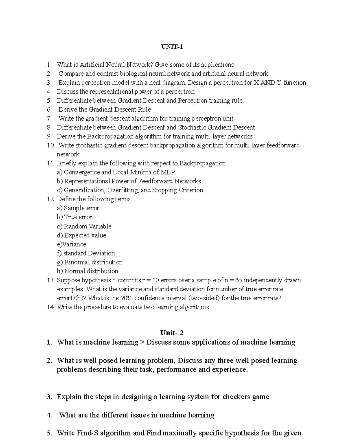 Ml Unit Wise Important Question Unit 1 What Is Artificial Neural Network Give Some Of Its
