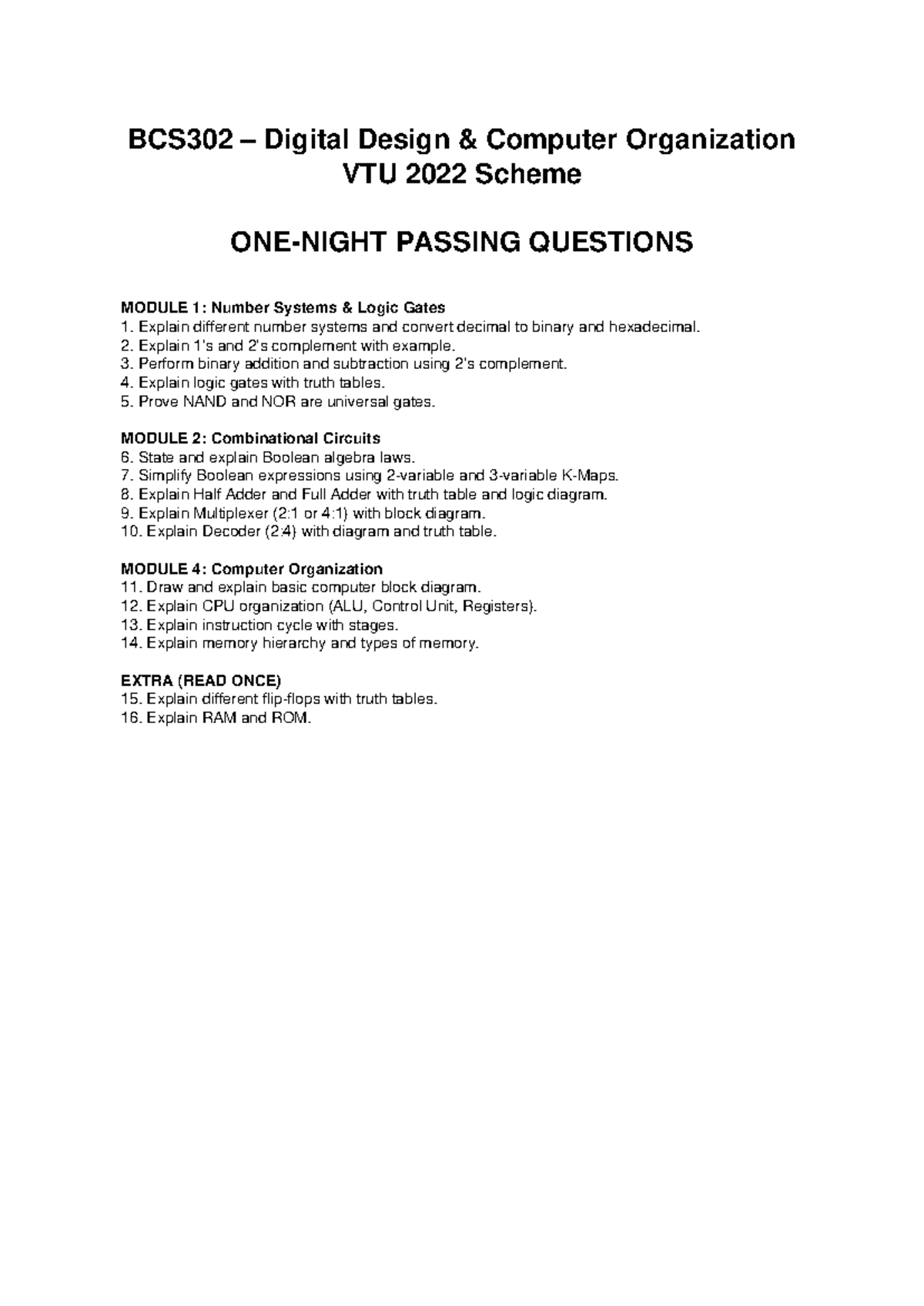 BCS302 Digital Design & Computer Org. Passing Questions - Module 1 & 2 ...