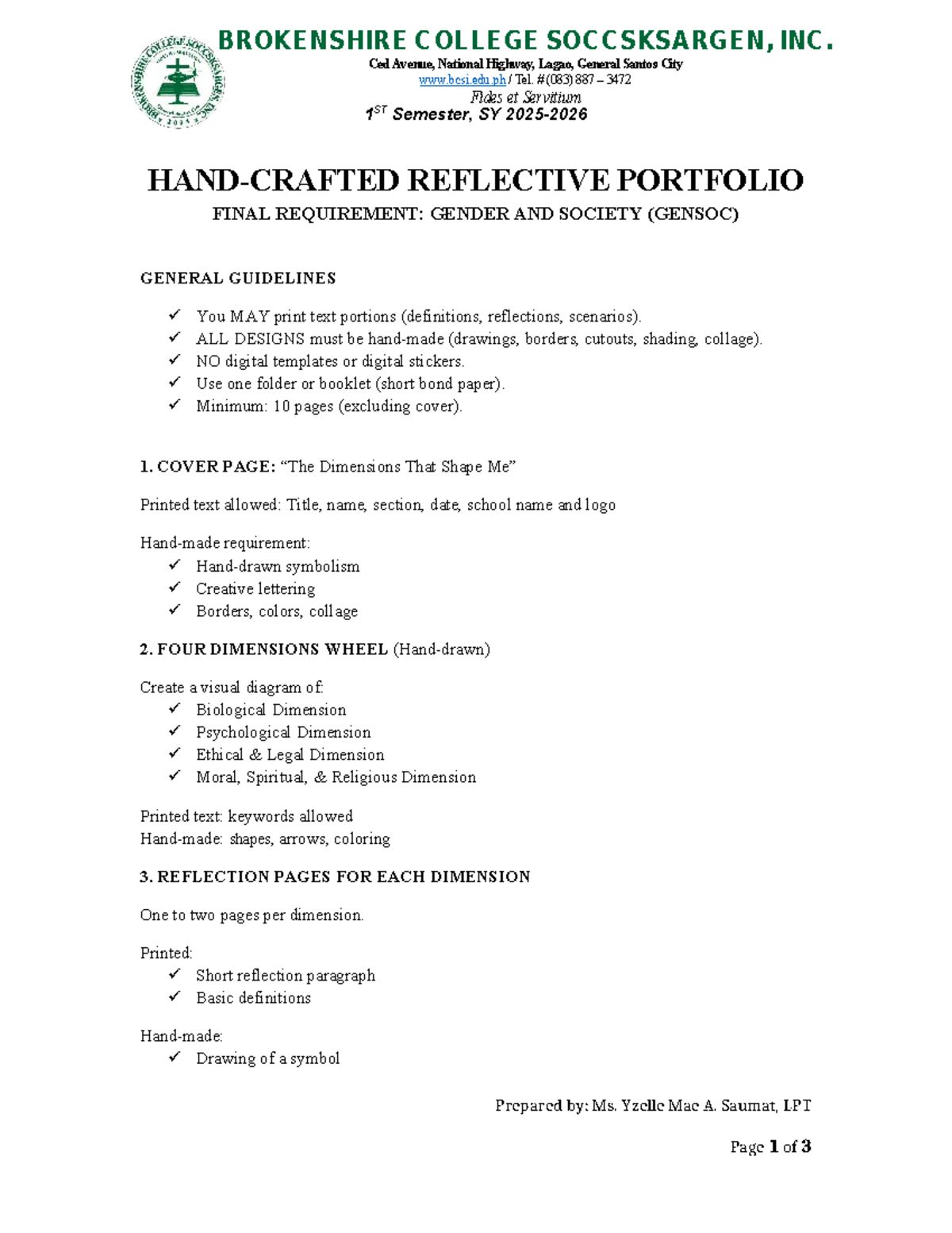 GENSOC 1ST SEMESTER REFLECTIVE PORTFOLIO GUIDELINES - Studocu