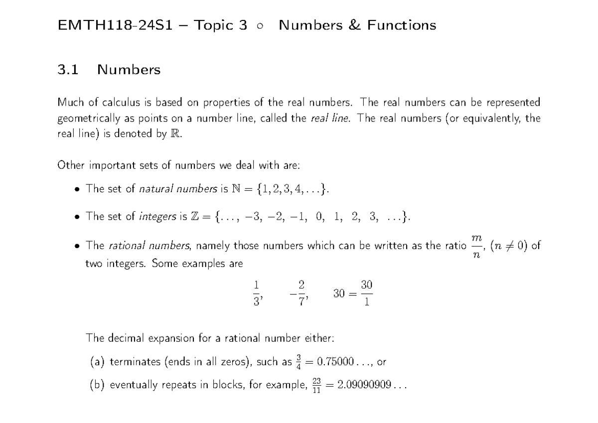Numbers Functions E118 outline - EMTH118-24S1 – Topic 3 Numbers ...
