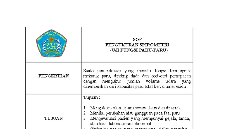 SOP Pengukuran Spirometri: Uji Fungsi Paru dan Evaluasi Faal Paru - Studocu