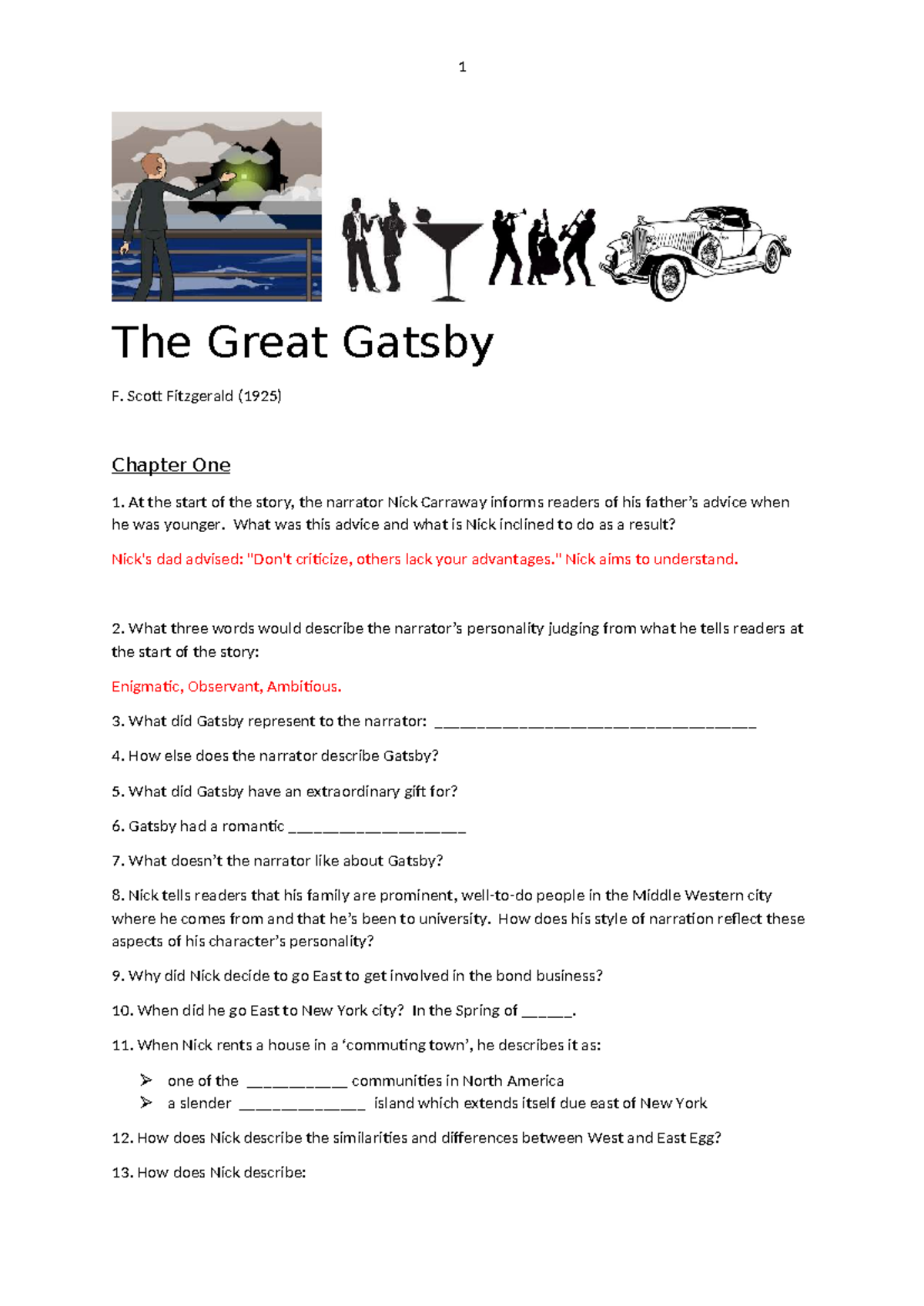 The Great Gatsby (ENG 101) Chapter One Comprehension Questions - Studocu