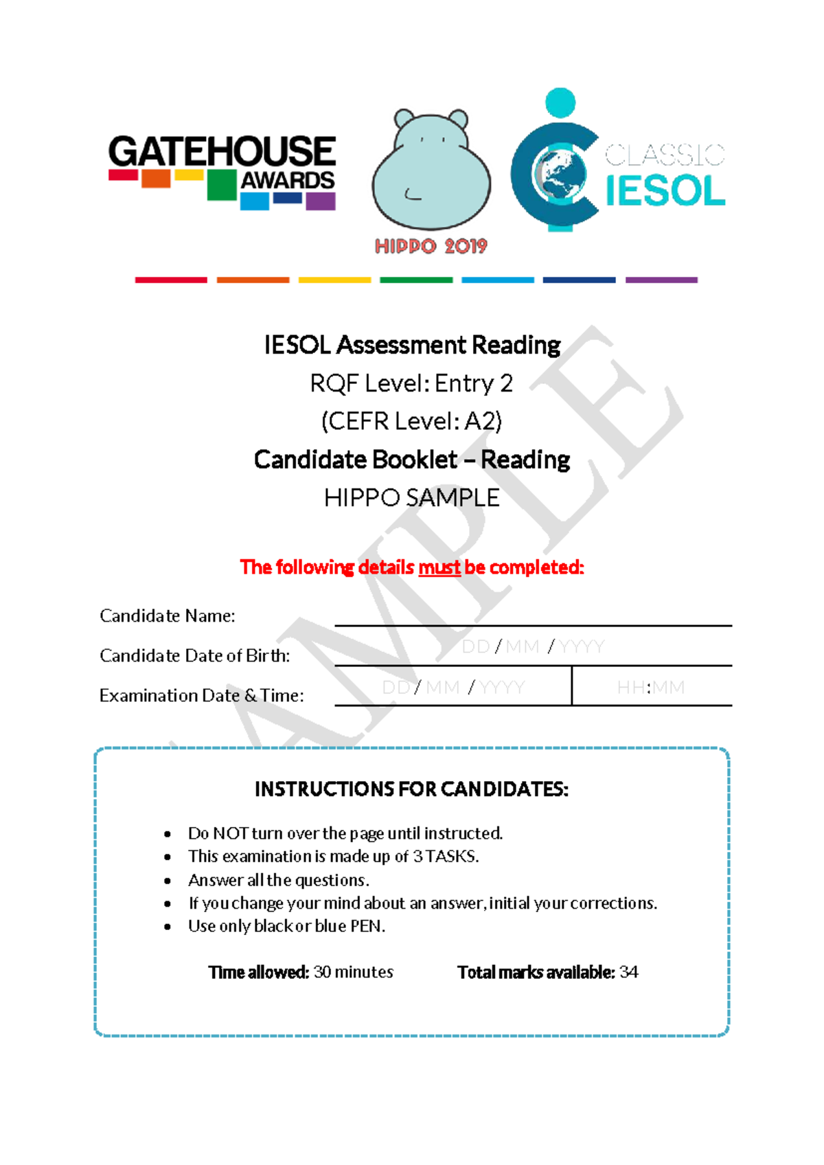 GA IESOL Entry 2 A2 Reading Candidate Booklet Sample - Studocu