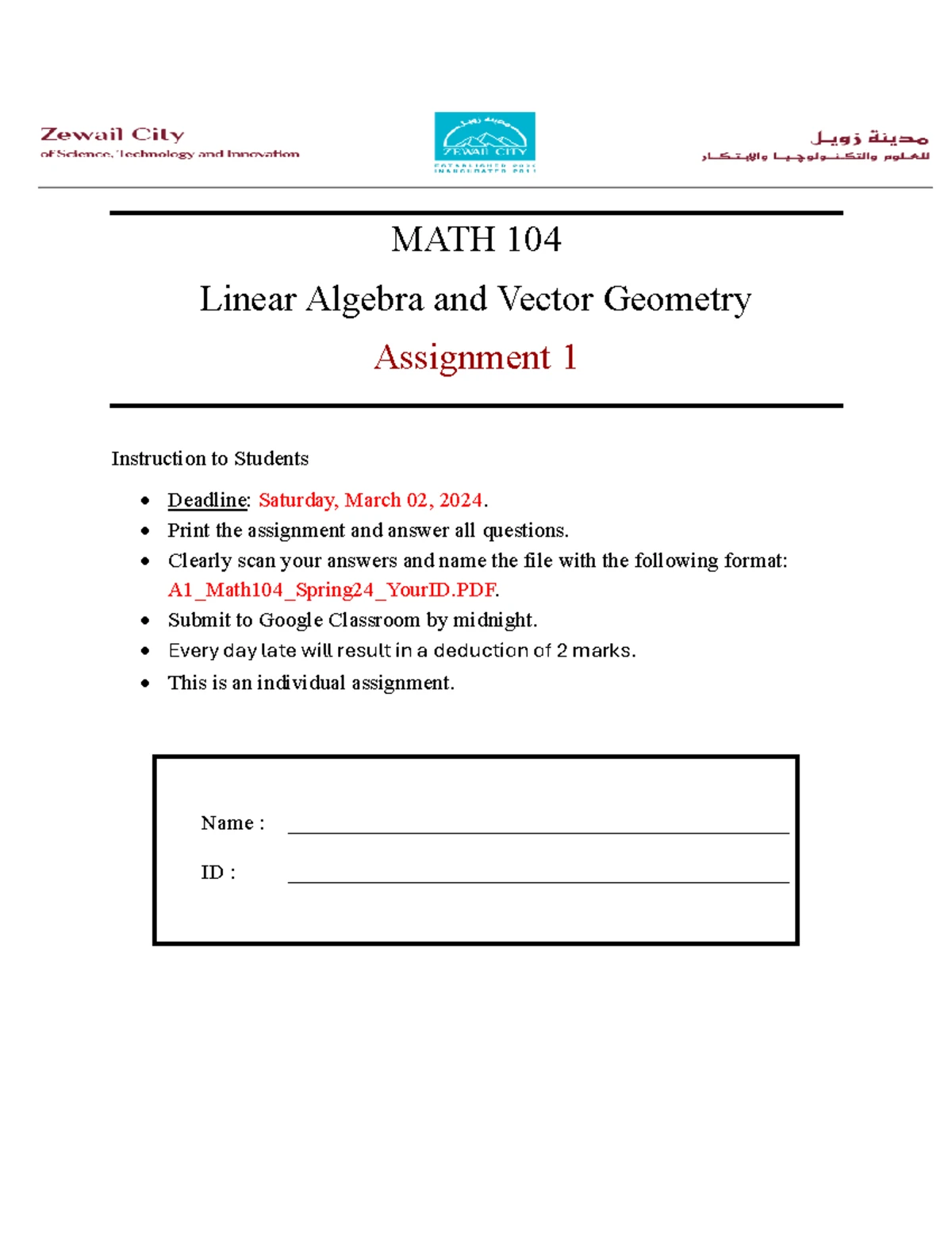 MATH 104 - Linear Algebra Assignment 1 Instructions and Questions - Studocu