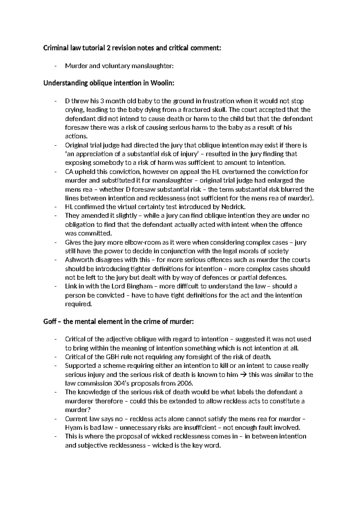 Criminal Law Tutorial 2: Revision Notes on Intent and Mens Rea Issues ...