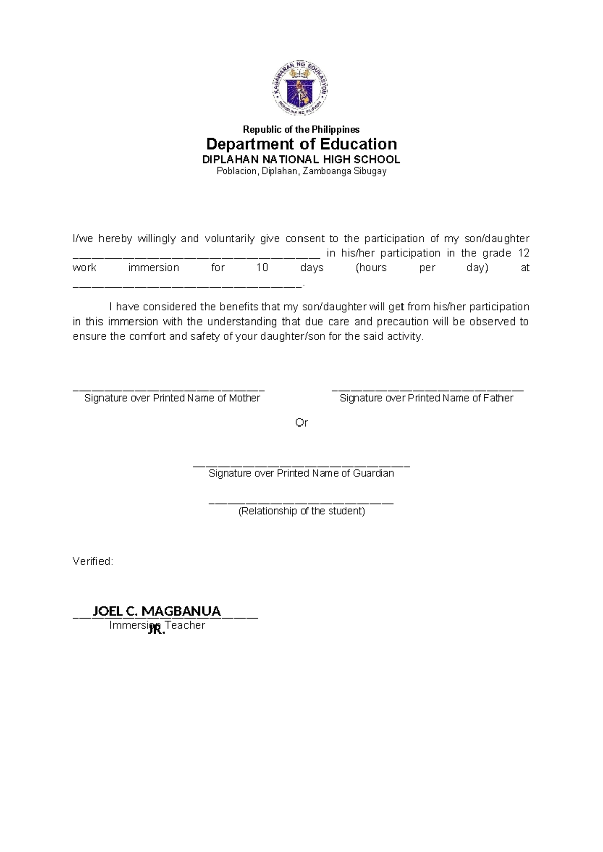 Grade 12 Work Immersion Consent Form - DIPLAHAN NATIONAL HIGH SCHOOL ...