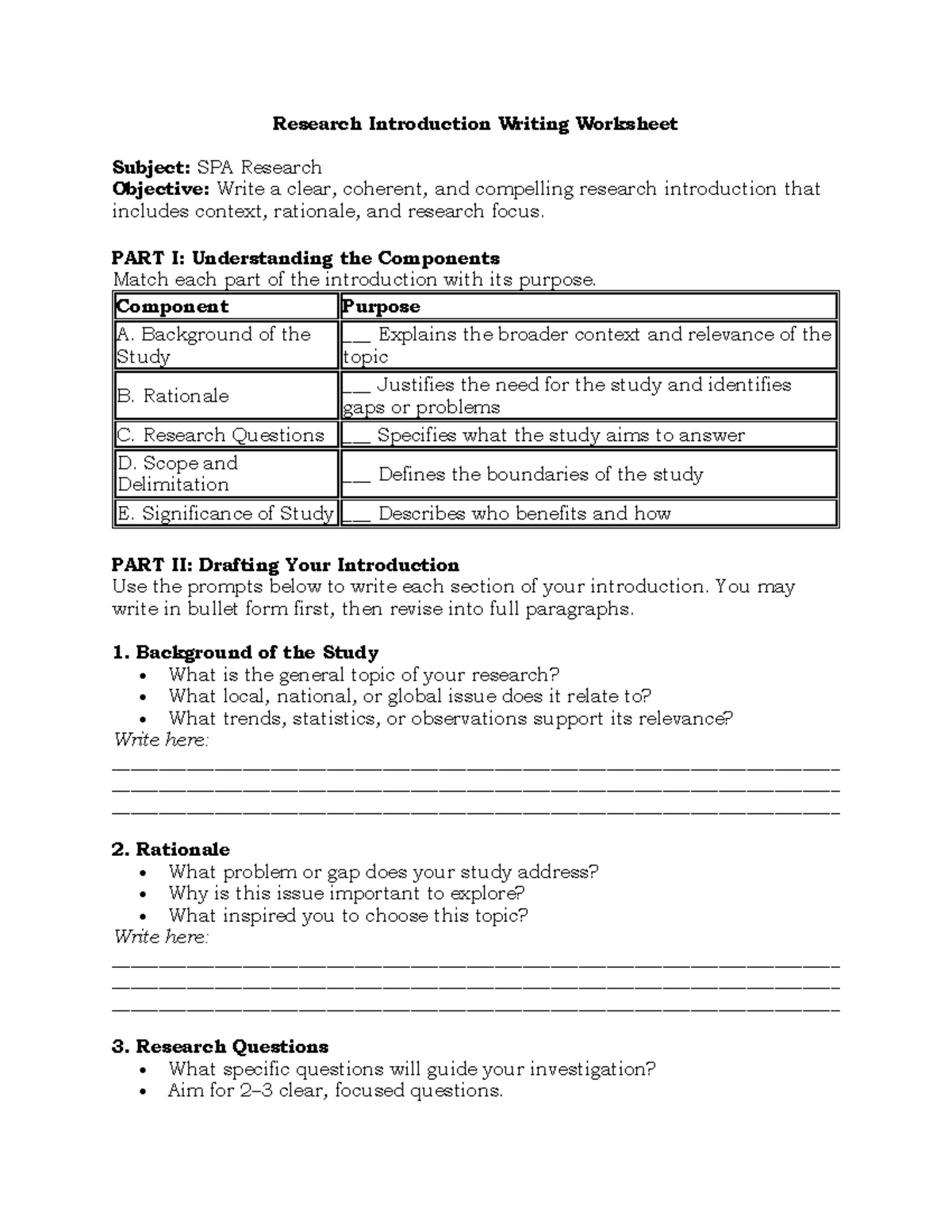 Research Introduction Writing Worksheet - SPA - Studocu