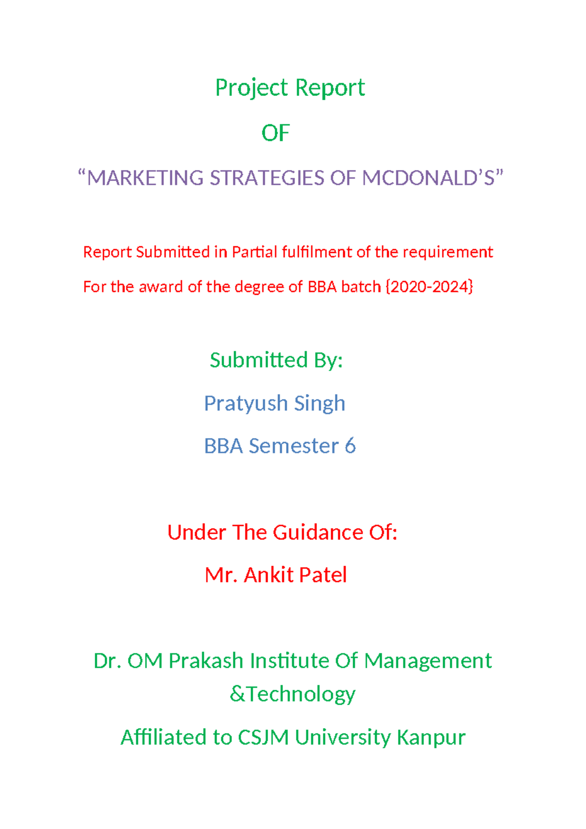 BBA Semester 6 Project: Marketing Strategies of McDonald's Analysis - Studocu