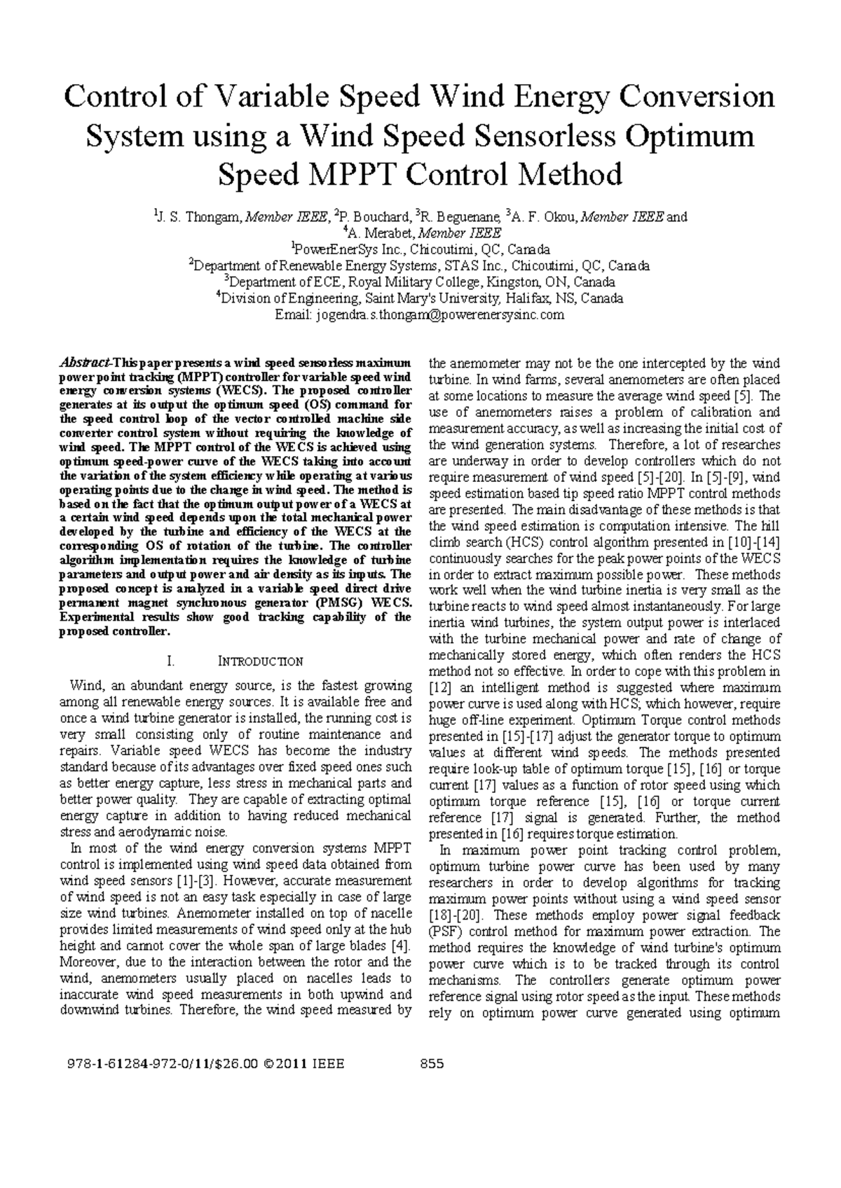 Control of Variable Speed Wind Energy Conversion System: Sensorless ...