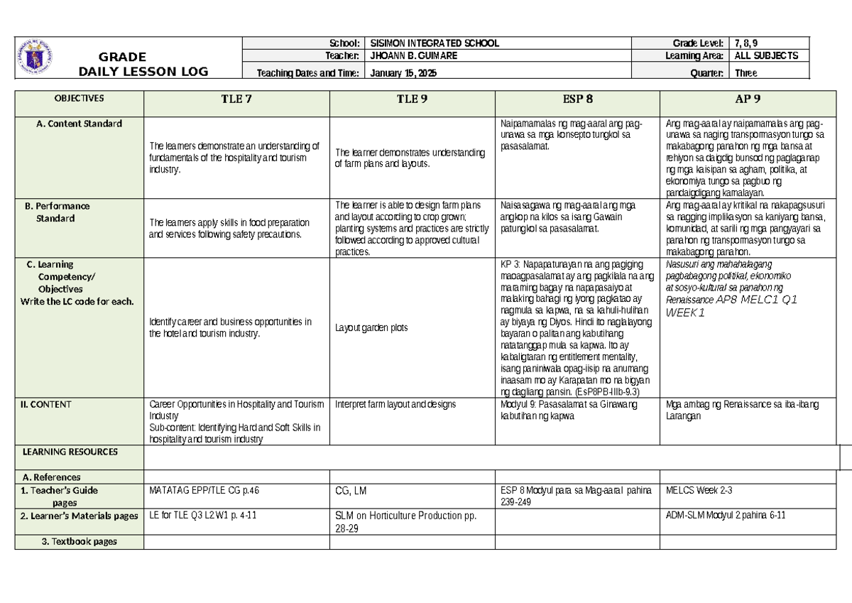TLE 7 & 9 Daily Lesson Log - Hospitality, Tourism & Farm Layouts - Studocu