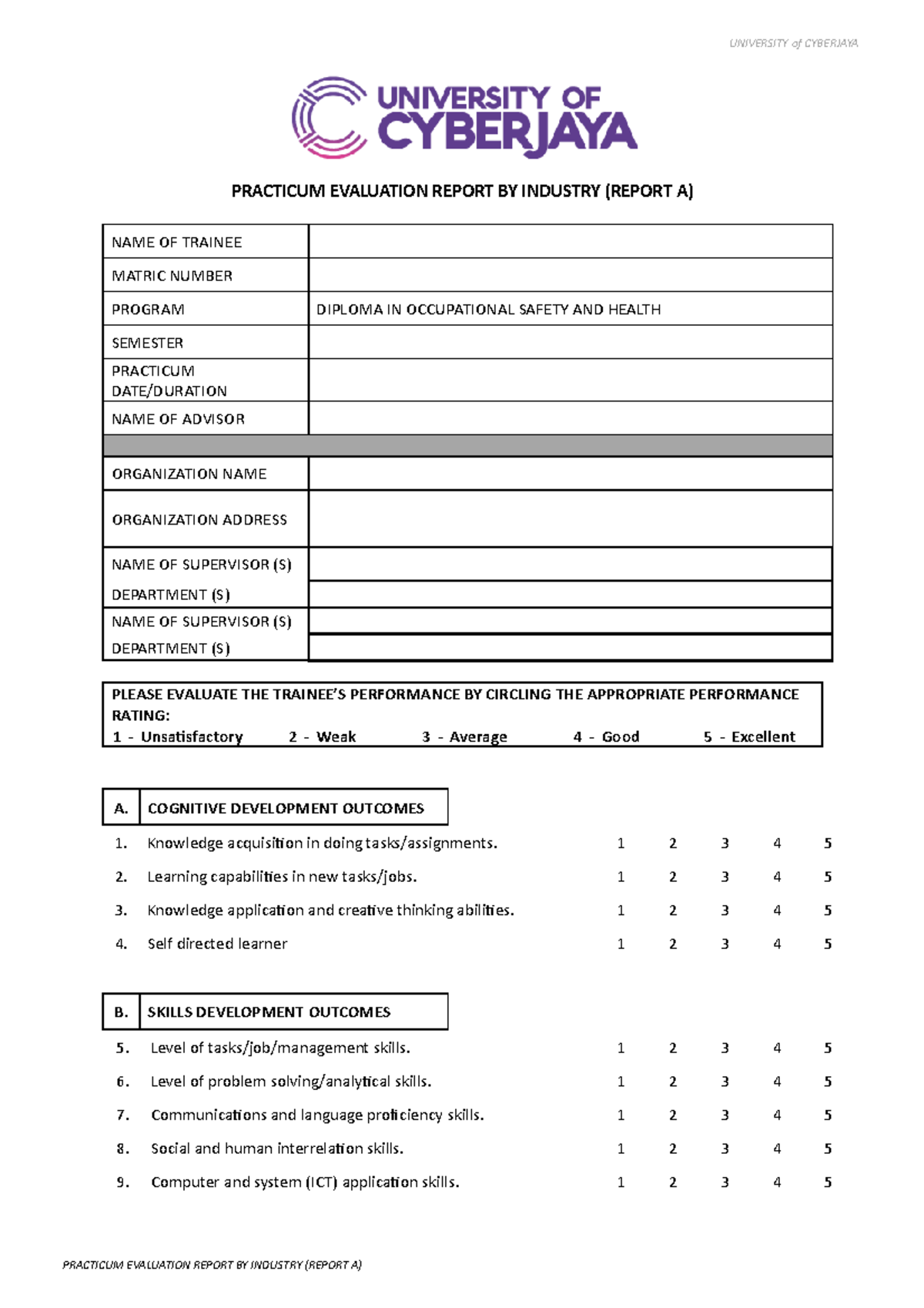 Practicum Evaluation Report FORM A DOSH - (2020) v1 - UNIVERSITY of ...
