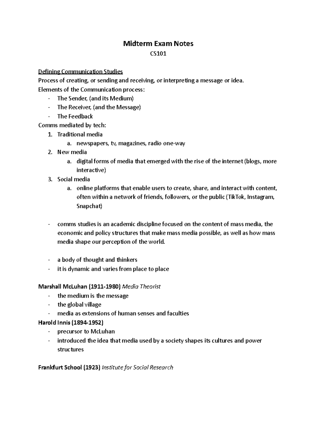 CS101 Midterm Exam Notes: Understanding Communication Studies - Studocu