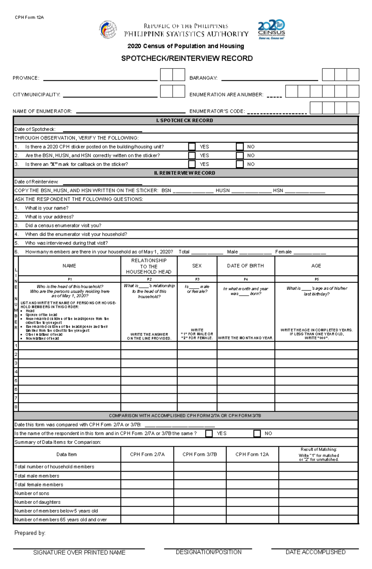 CPH Form 12A Spotcheck, Reinterview Record - CPH Form 12A 2020 Census of Population and Housing ...