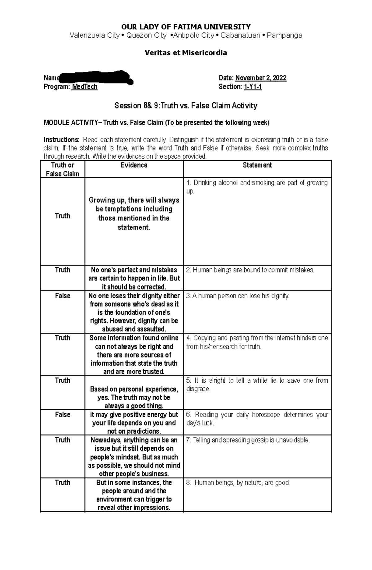Session 8&9: Truth vs. False Claims Activity - Final Submission - Studocu