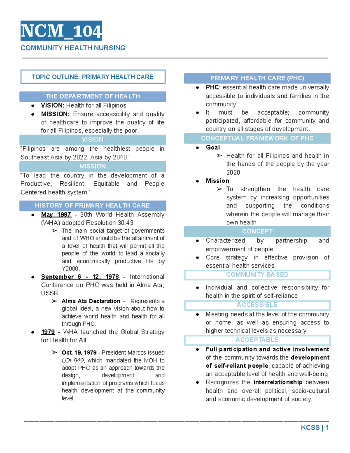 NCM_104 Community Health Nursing & Primary Health Care Notes - Studocu