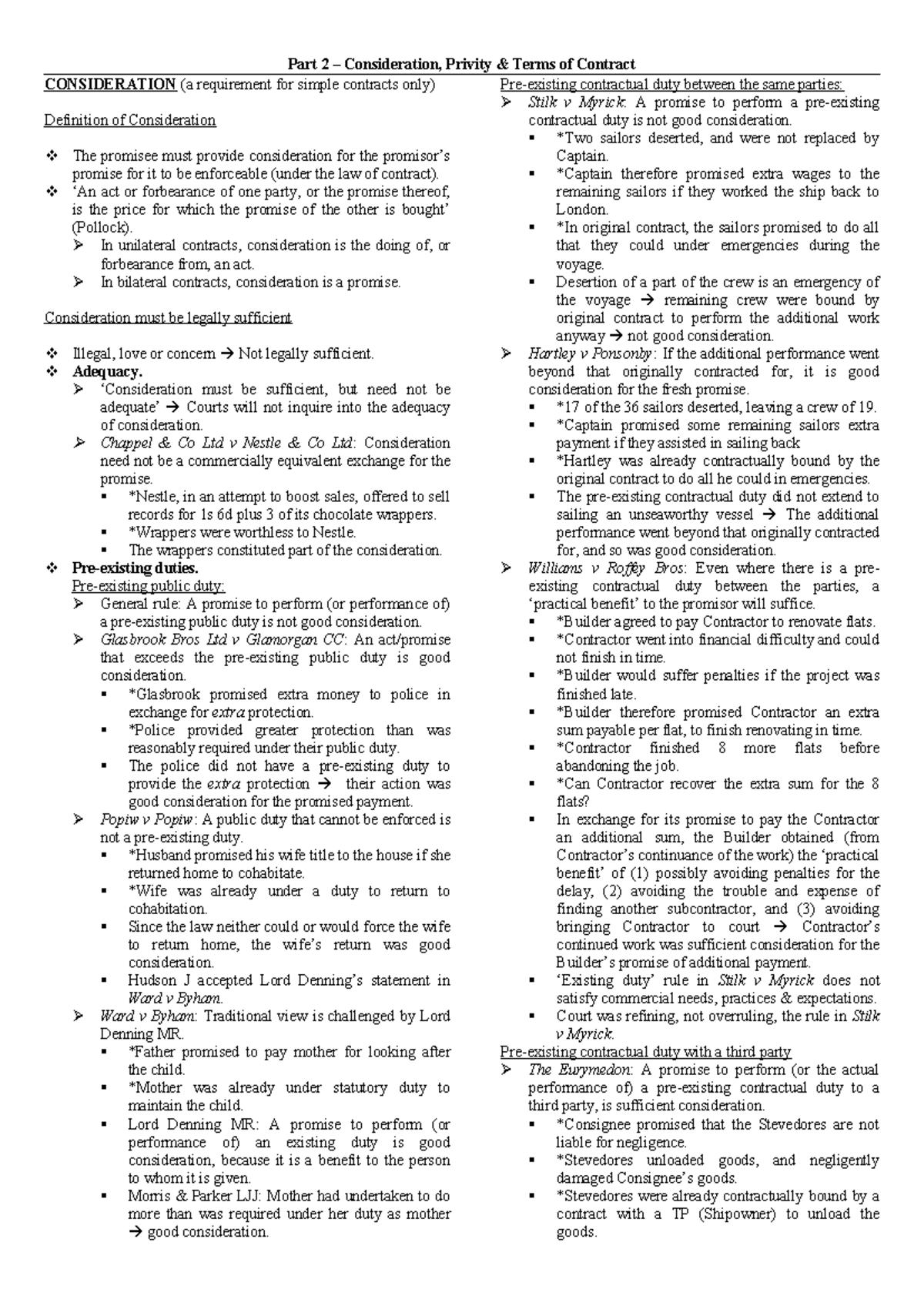 Law of Contract Notes 2: Consideration & Privity Terms Analysis - Studocu