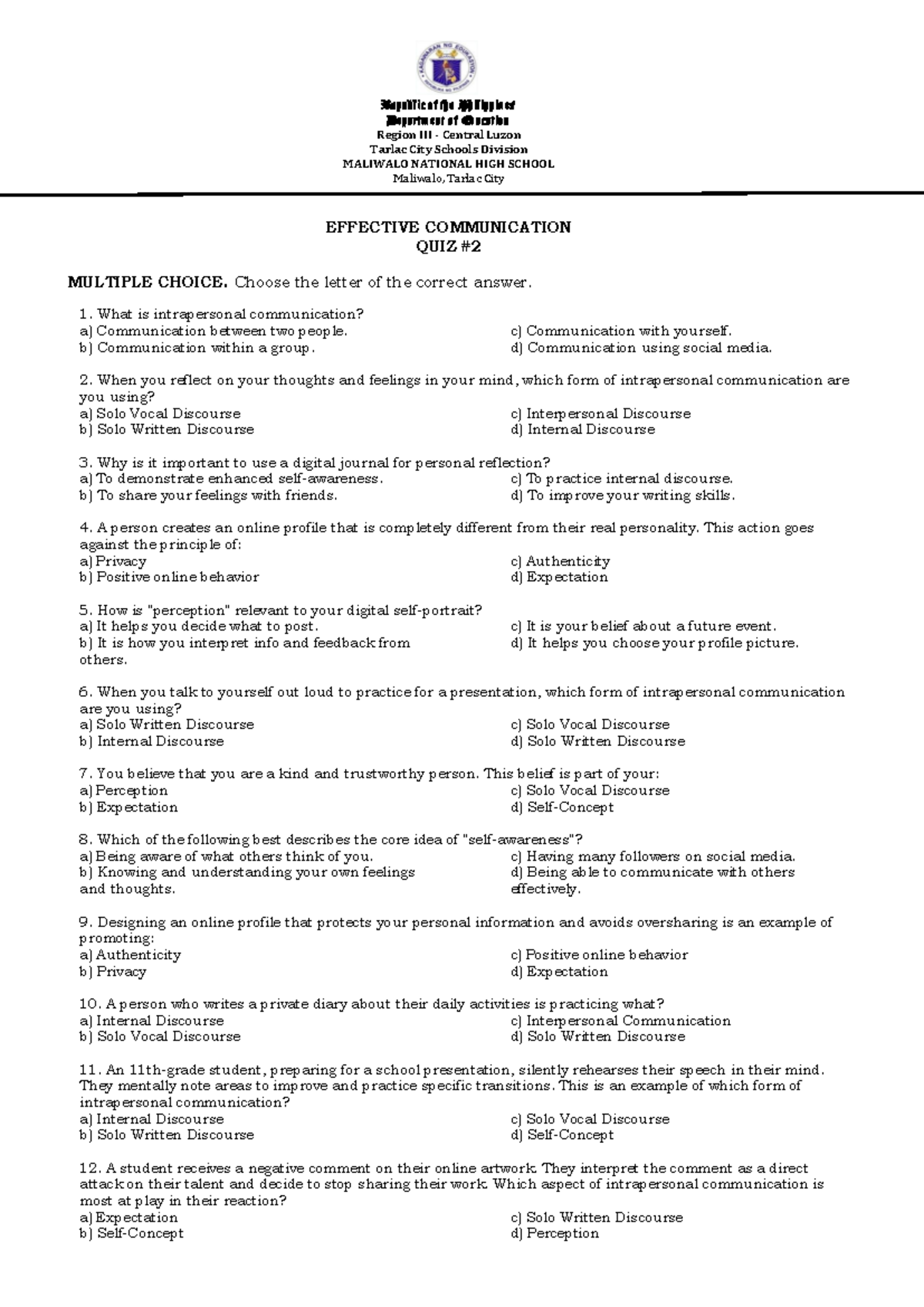 Effective Communication Quiz on Intrapersonal Comm. (EDUC 101) - Studocu