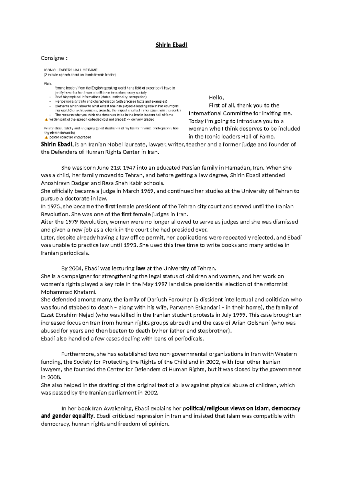 Shirin Ebadi: Iconic Leader in Human Rights and Law Advocacy - Studocu