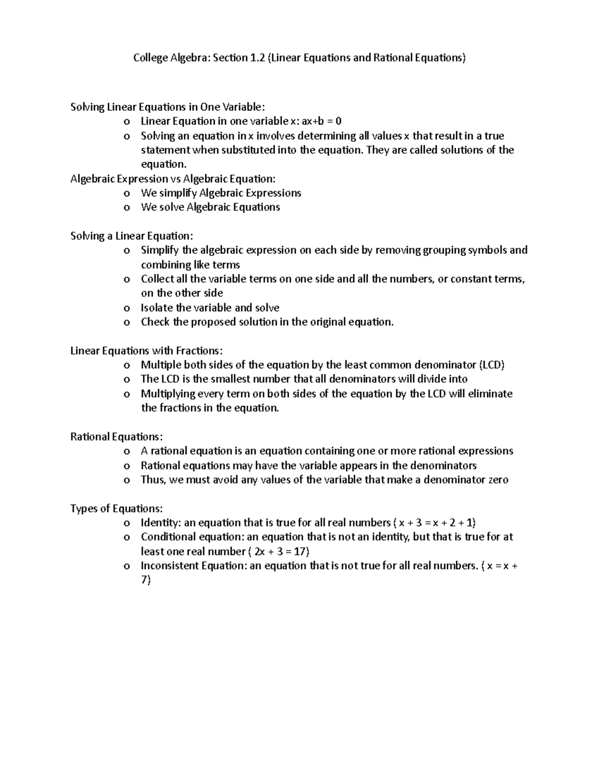 Section 1.2 Notes - College Algebra: Section 1 (Linear Equations and ...